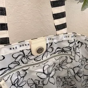 Rae Dunn | Bags | Rae Dunn Black White Striped Canvas Tote Bag ...